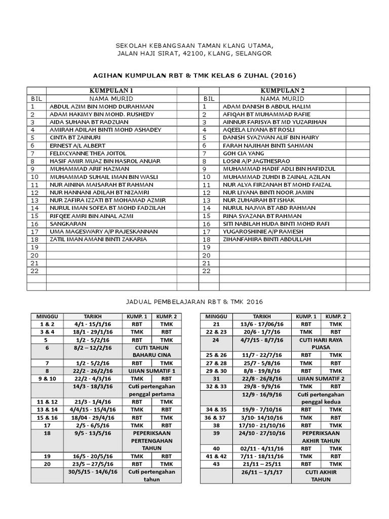 Nama Murid TMK RBT 2016 | PDF