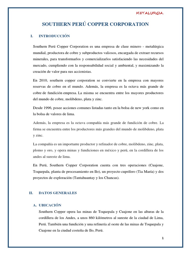Metalurgia Southern Peru Copper Corporation | PDF | Mining | Copper