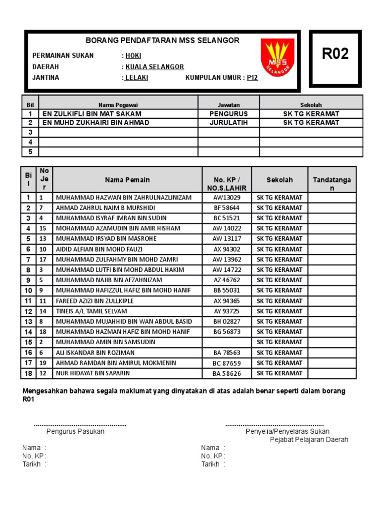 Borang r02 Hoki SKTK 2014 Lelaki | PDF