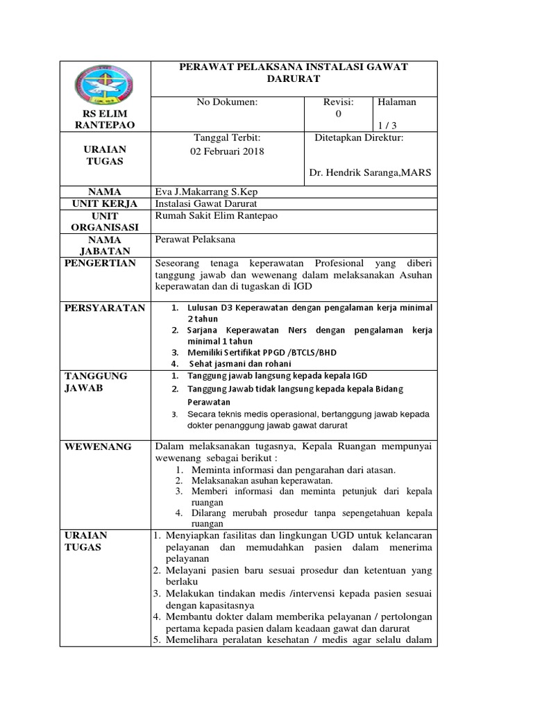 Uraian Tugas Perawat Igd | PDF