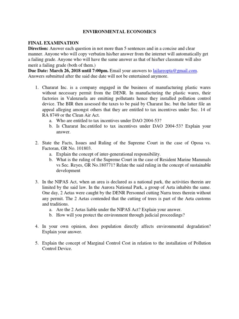 Environmental Economics Final Examination Direction: Answer Each ...
