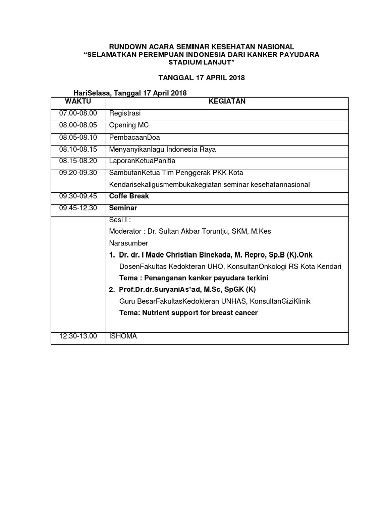 RUNDOWN ACARA SEMINAR KESEHATAN NASIONAL Save | PDF