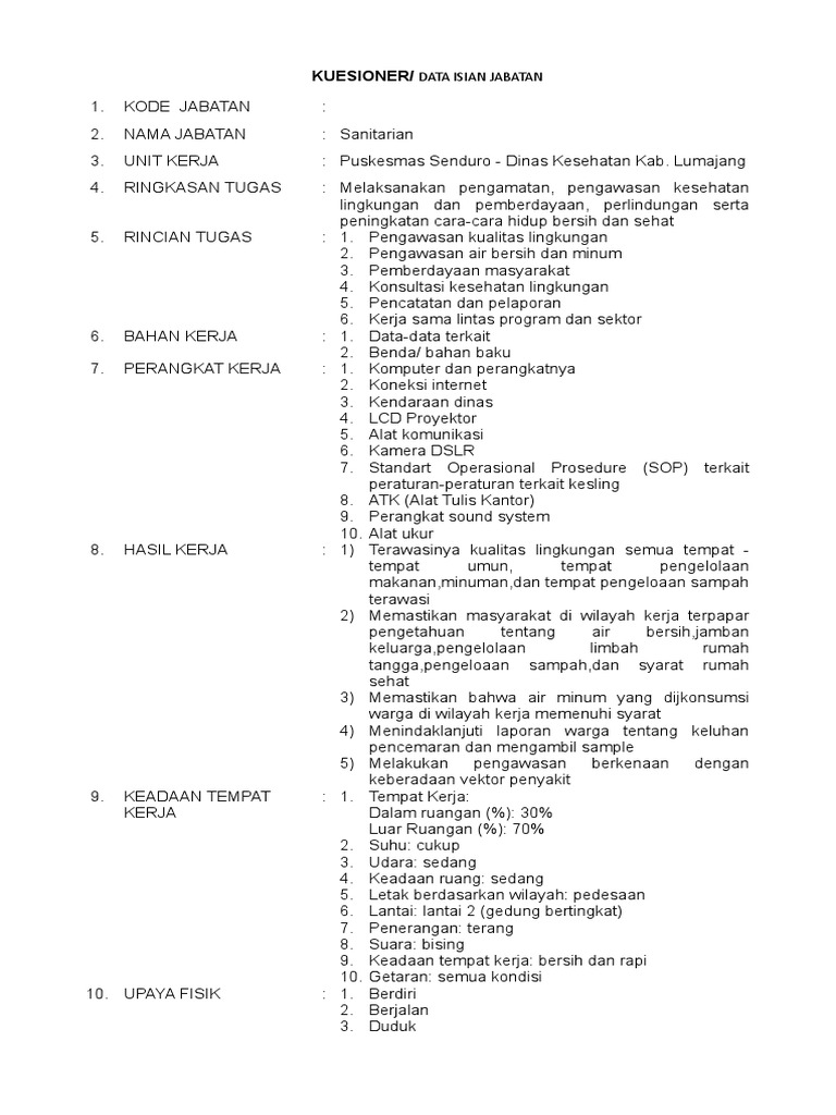 Kuesioner Jabatan Sanitarian Puskesmas | PDF