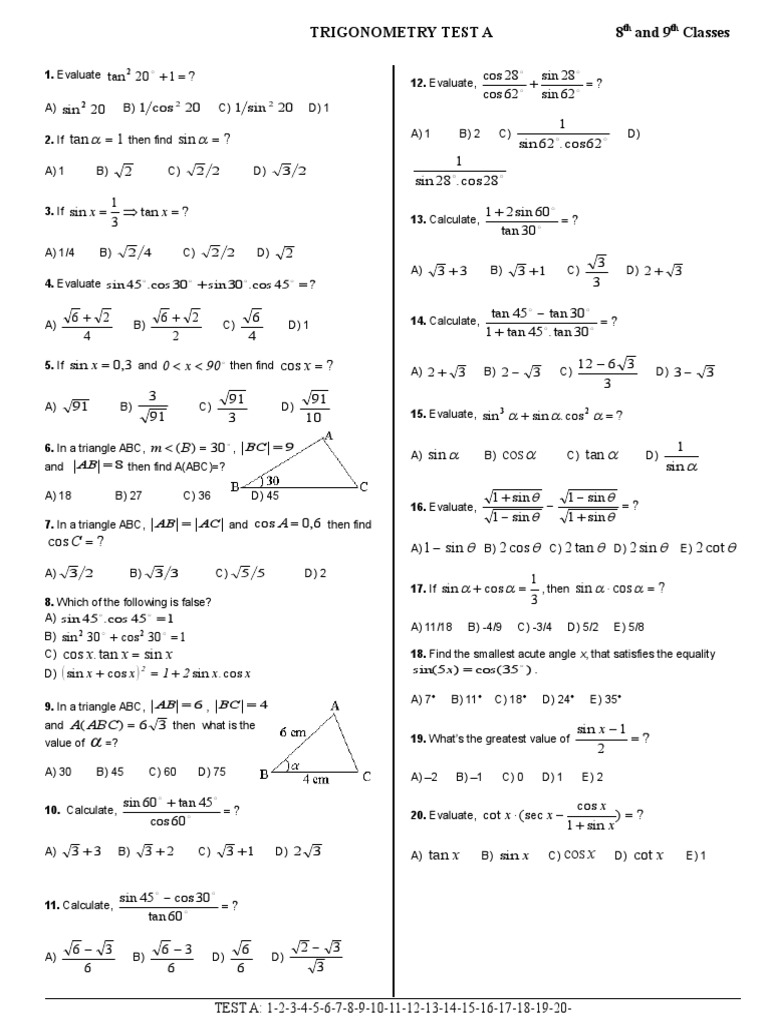 Trigonometry Test A | PDF | Sine | Trigonometric Functions