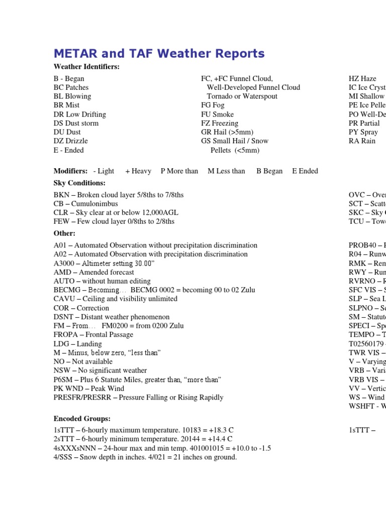 METAR and TAF Weather Reports Area Forecast | PDF | Cloud | Weather ...