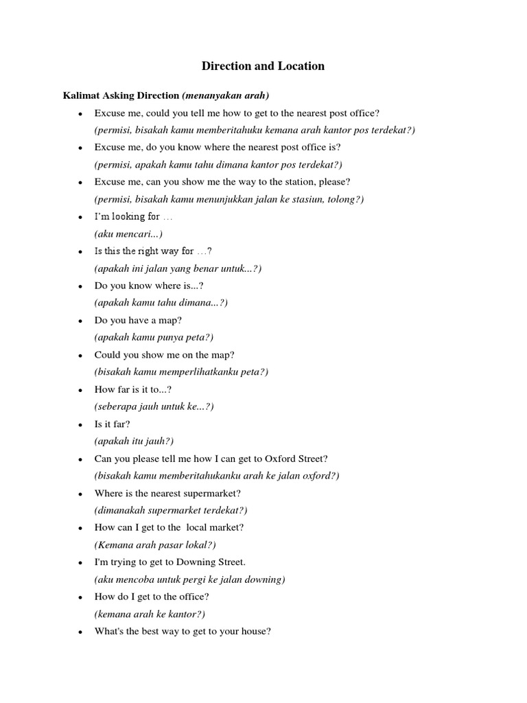Asking and Giving Directions Examples | PDF | Indonesian Language ...
