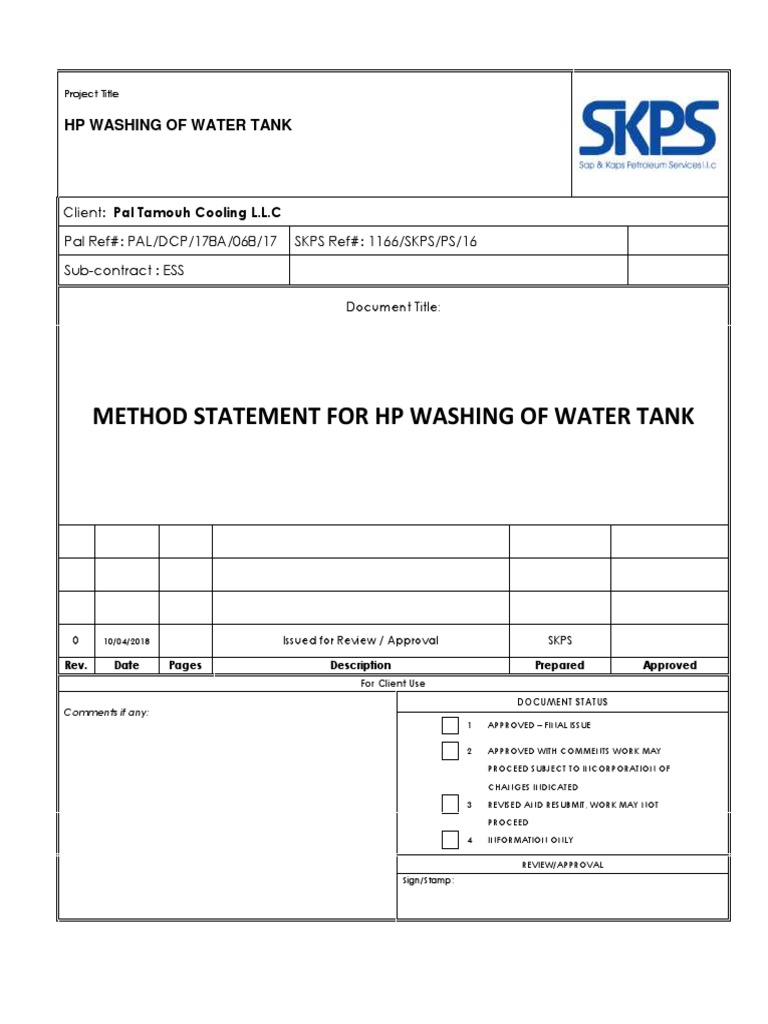 Method Statement For HP Washing of Water Tank | PDF | Safety | Rope