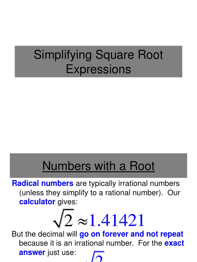 Simplifying Square Roots | PDF | Fraction (Mathematics) | Mathematical ...
