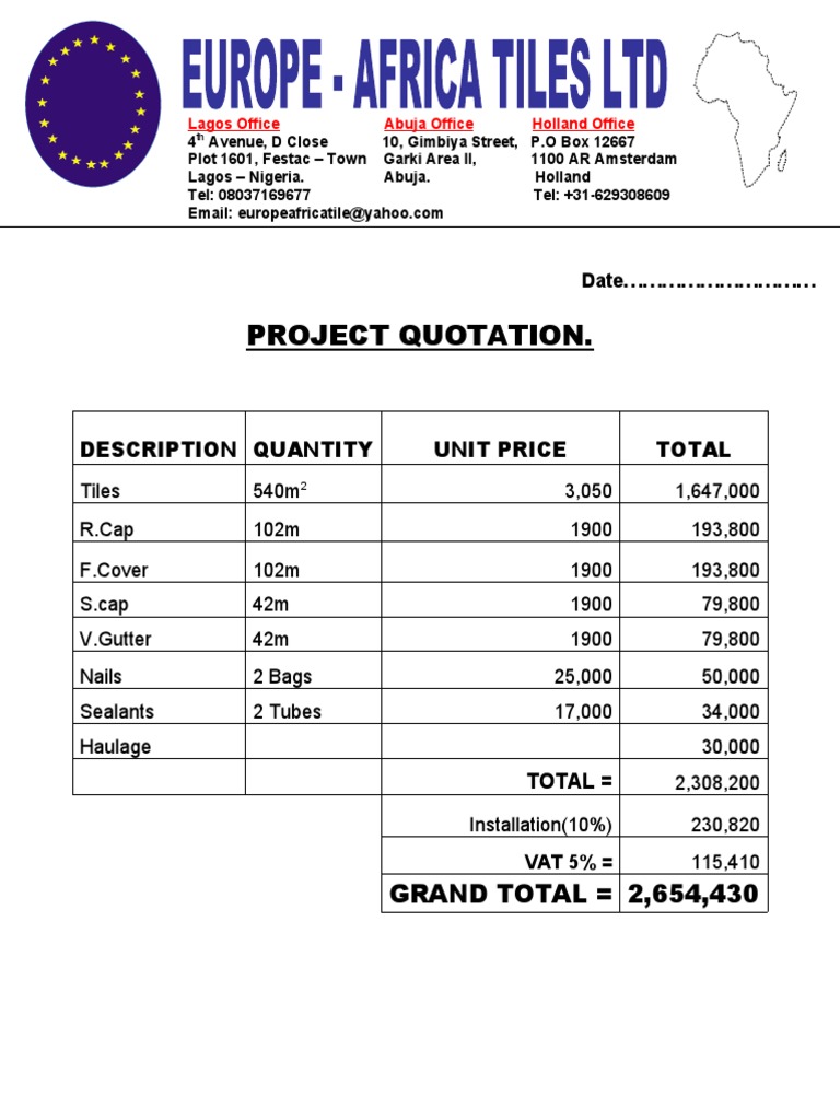 Project Quotation.: Description Quantity Unit Price Total | PDF
