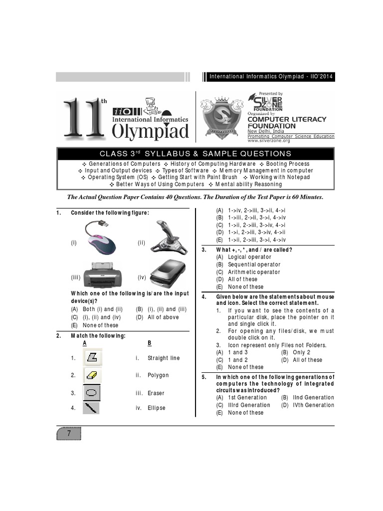Olympiad IIO 2014 Class 3 Sample Questions | PDF | Input/Output ...