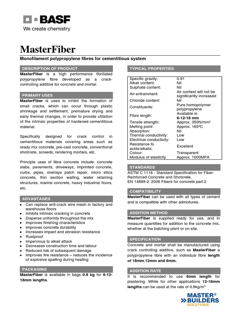 Masterfiber: Monofilament Polypropylene Fibres For Cementitious System ...