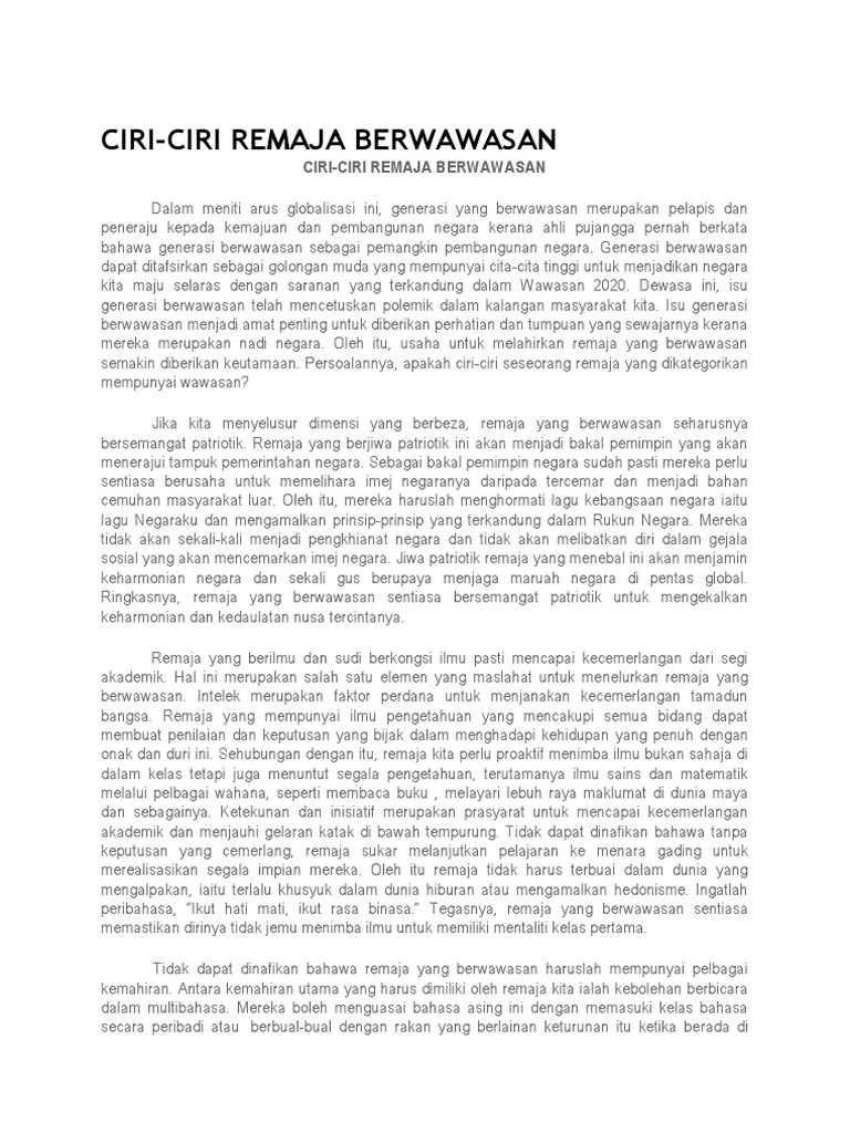 Karangan Ciri-Ciri Remaja Berwawasan | PDF