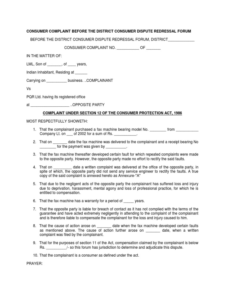 Consumer Complaint Before The District Consumer Dispute Redressal Forum ...