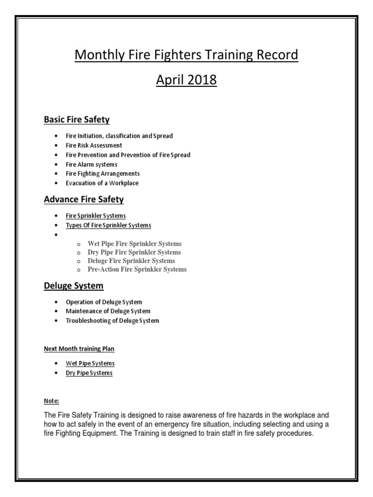Monthly Fire Fighters Training Record | PDF