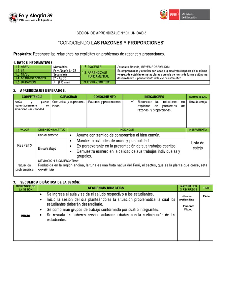 Sesion #1conociendo Las Razones y Proporciones | PDF | Cambio | Aprendizaje