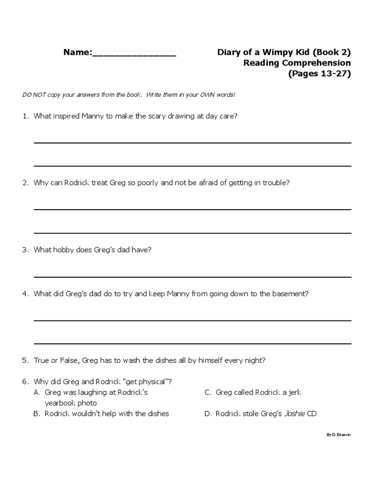 Diary of a Wimpy Kid: Comprehension Guide | PDF | Fictional Diaries ...