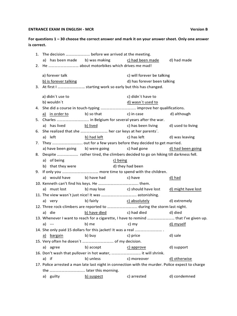 Entrance Exam in English - MCR Version B For Questions 1 - 30 Choose ...