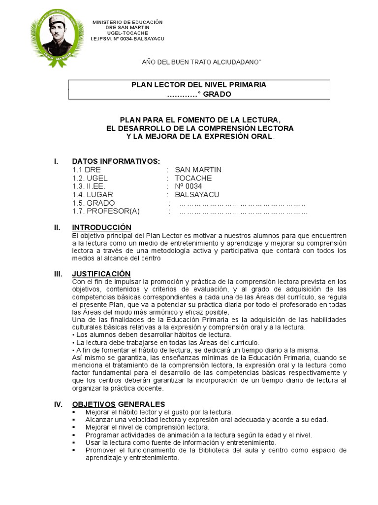 Plan Lector Del Nivel Primaria ° GRADO | Download Free PDF | Reading ...