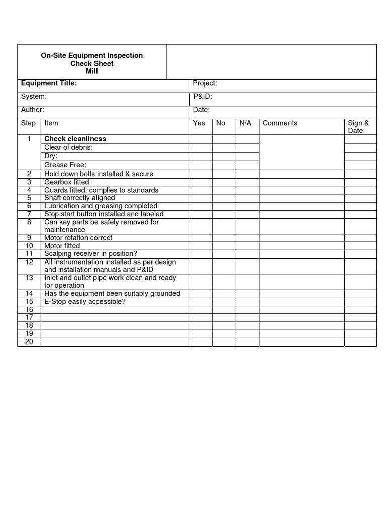 On-Site Equipment Inspection Check Sheet Mill Equipment Title | PDF