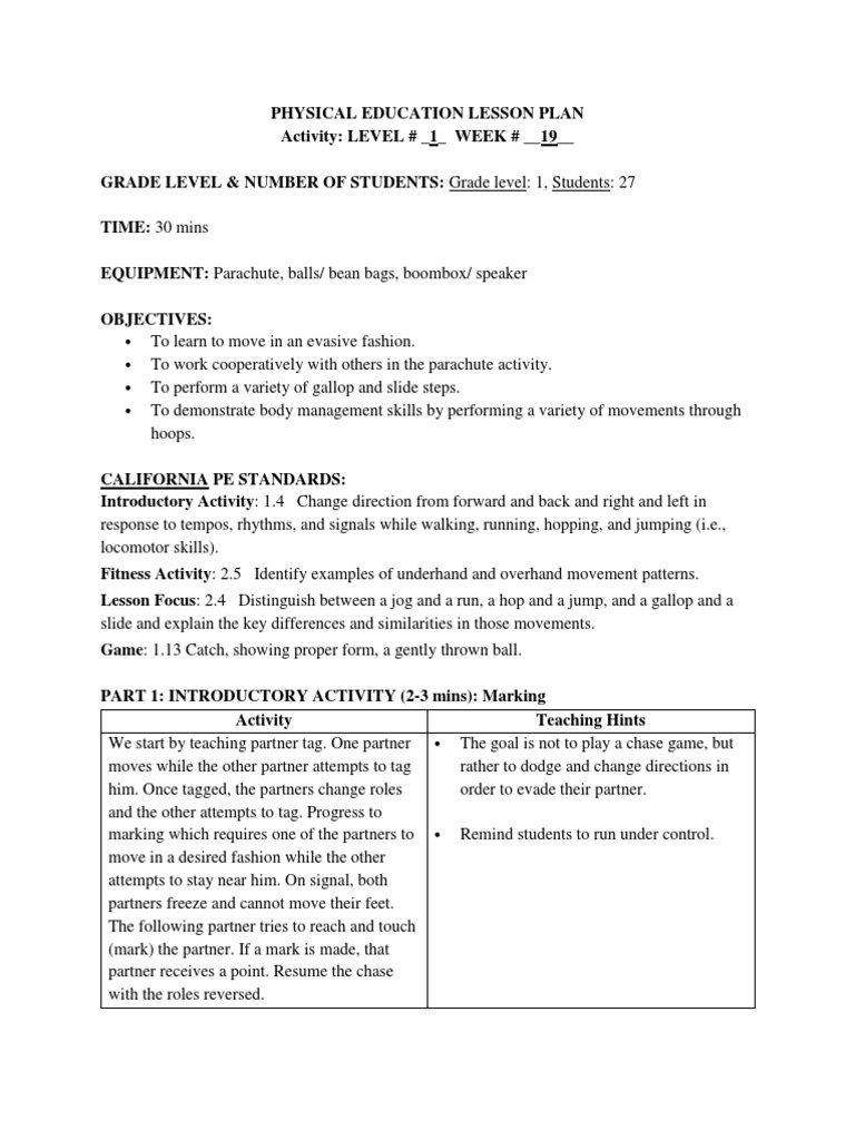 Physical Education Lesson Plan | Download Free PDF | Parachute ...