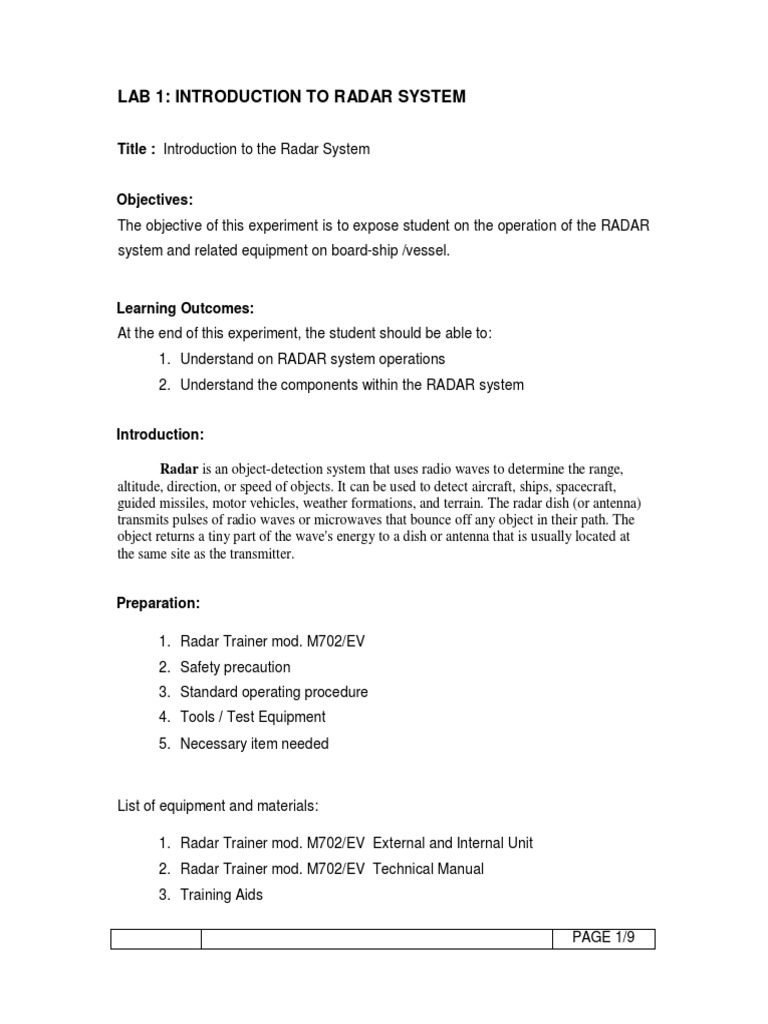 Lab Test 1 Introduction Radar Rev 1 - Question | PDF | Radar | Radio