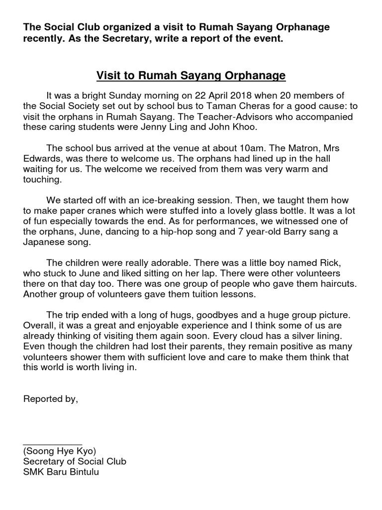 Report on Visit to Rumah Sayang Orphanage | PDF | Orphanage | Leisure