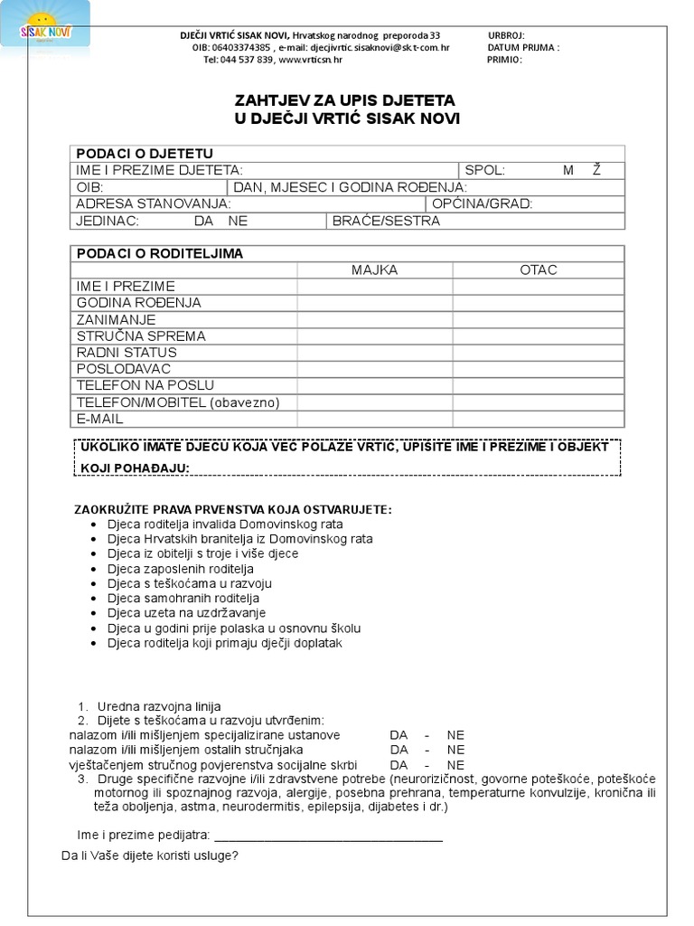 Zahtjev Za Upis 2018 | PDF