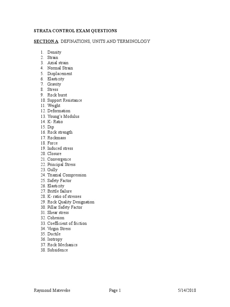 Strata Control Exam Questions | PDF | Strength Of Materials | Stress ...