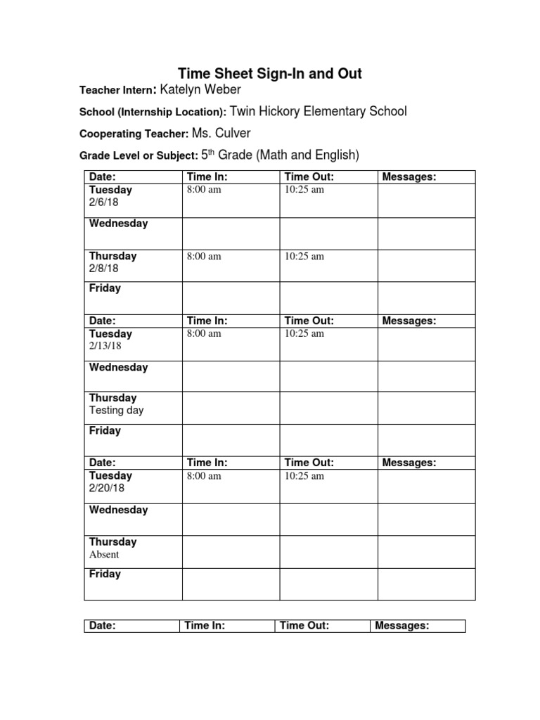Teacher Intern Time Sheet Log | PDF | Schools | Learning