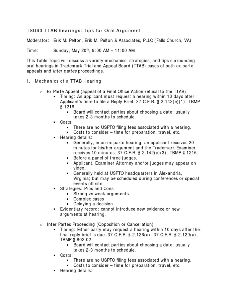 INTA Table Topic Outline - TTAB Hearings: Tips For Oral Arguments | PDF ...