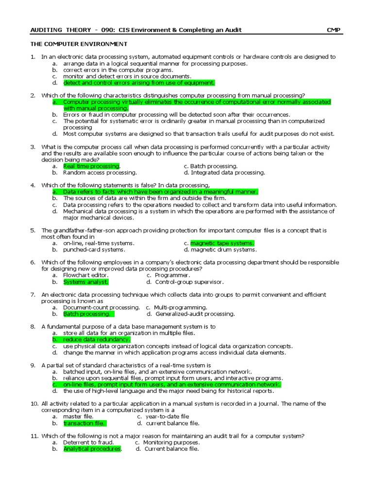 Auditing Theory - 090: Cis Environment & Completing An Audit CMP The Computer Environment | PDF ...