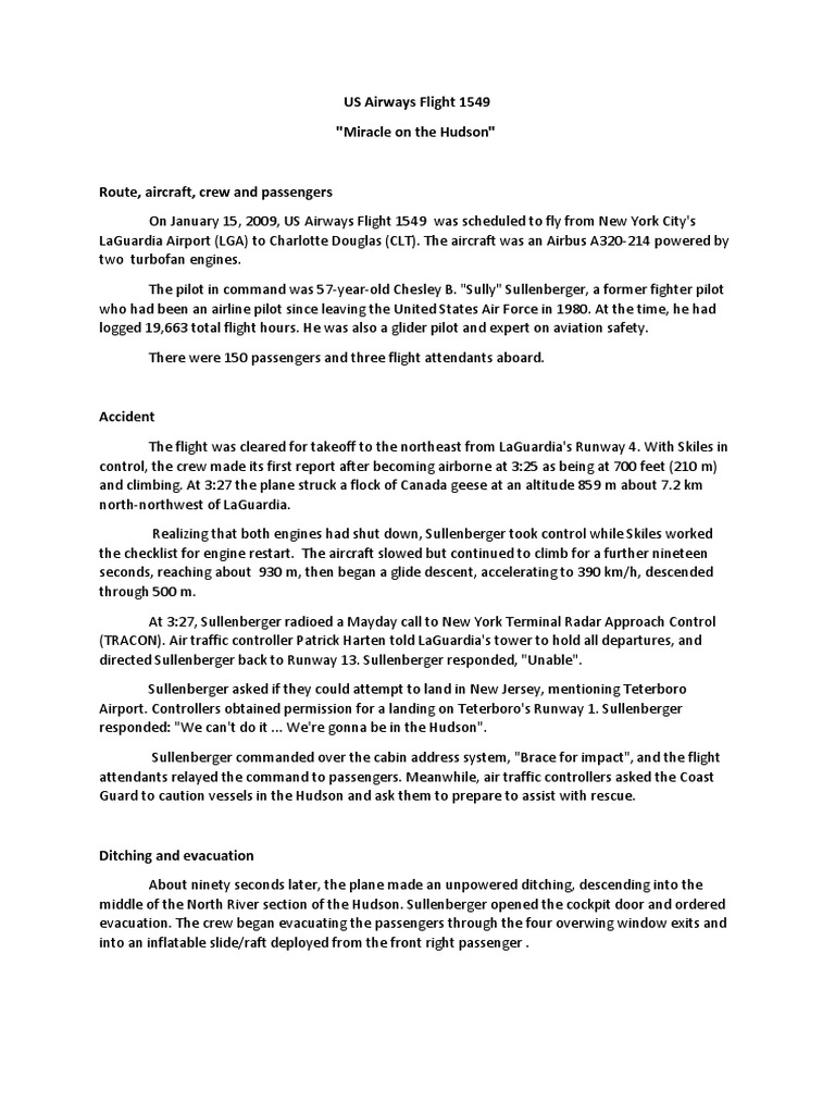 US Airways Flight 1549 "Miracle On The Hudson" | PDF | Transport ...