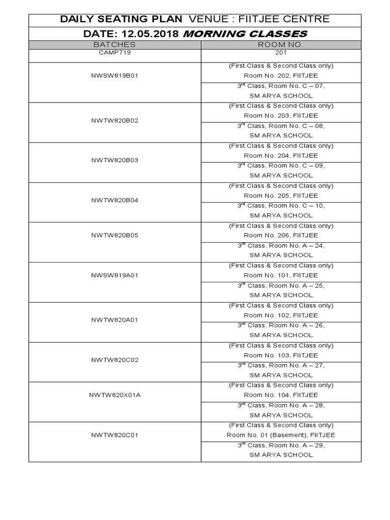 Daily Seating Plan Venue: Fiitjee Centre DATE: 12.05.2018: Morning Classes | PDF | Leisure