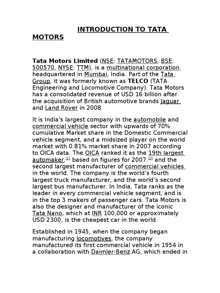 Introduction To Tata Motors | PDF | Motor Vehicle | Vehicles