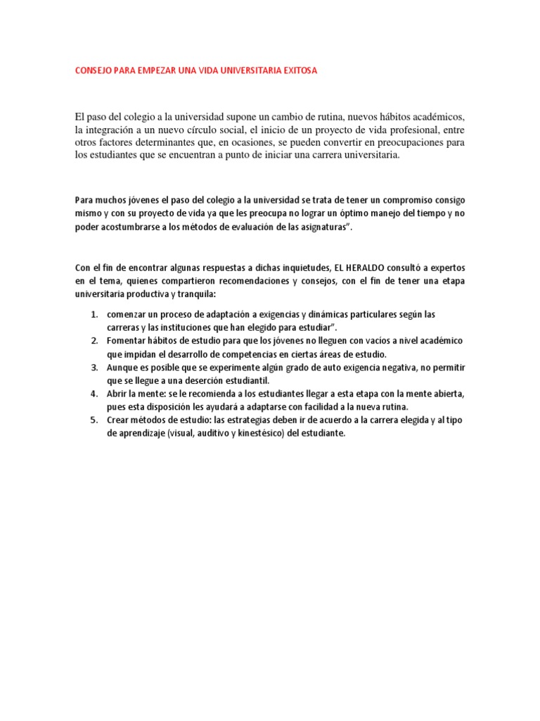 Consejo para Empezar Una Vida Universitaria Exitosa | PDF | Vida ...