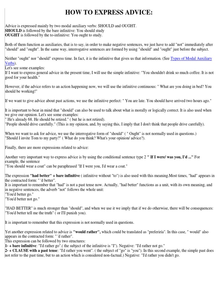 How To Express Advice:: Types of Modal Auxiliary Verbs | PDF | Grammar ...