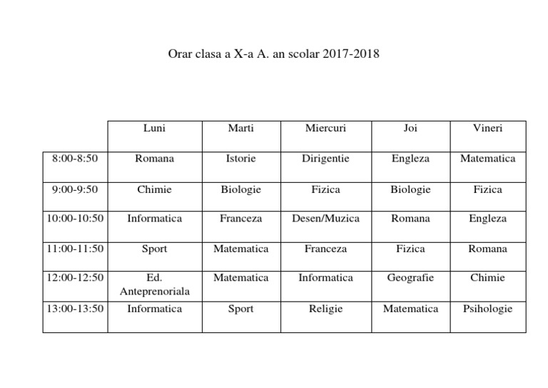 Orar Clasa A X-A A. An Scolar 2017-2018 | PDF