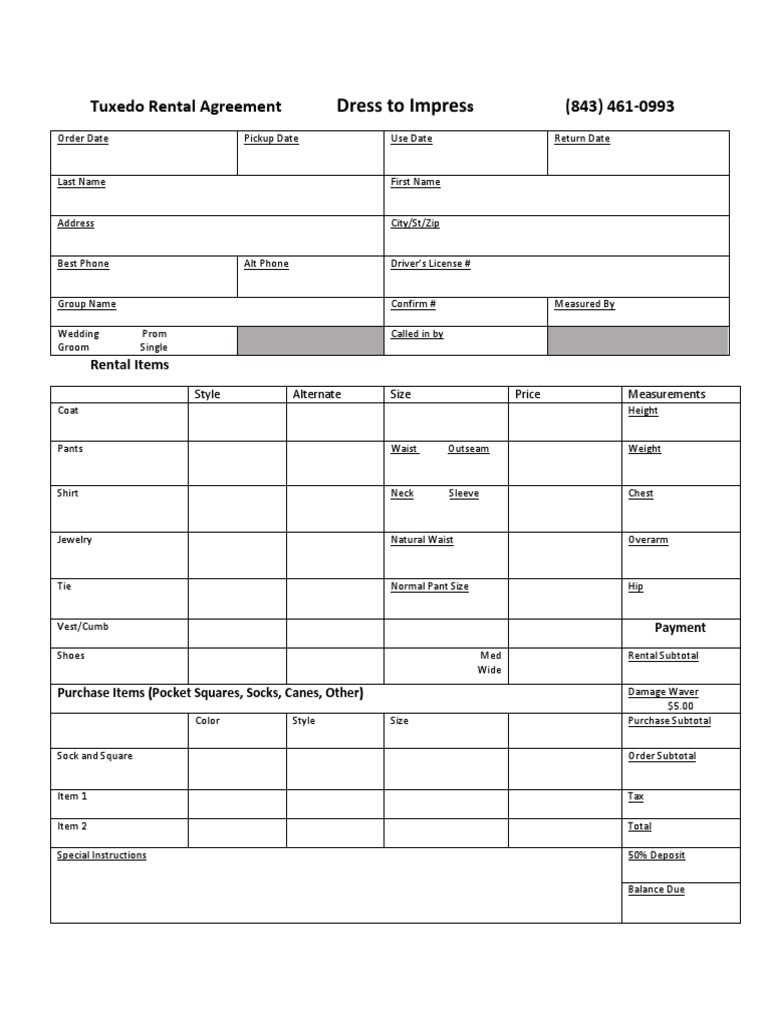 Tuxedo Rental Agreement | PDF | Fee | Clothing