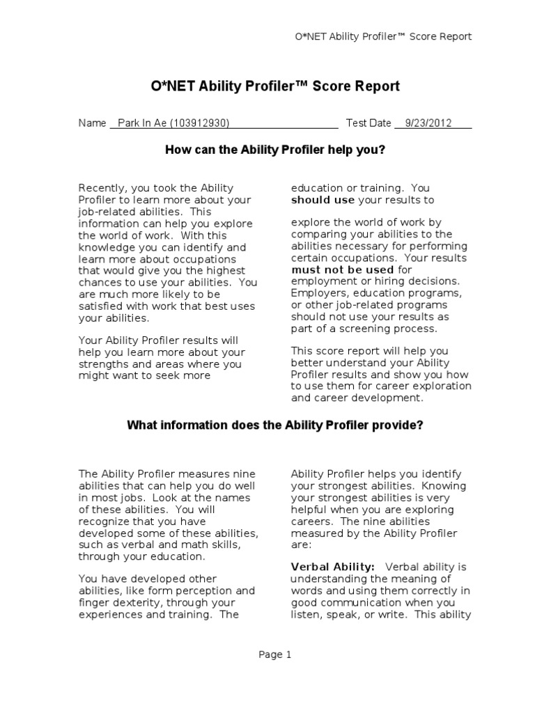Ability Profiler Score Report | Vocational Education | Academic Degree
