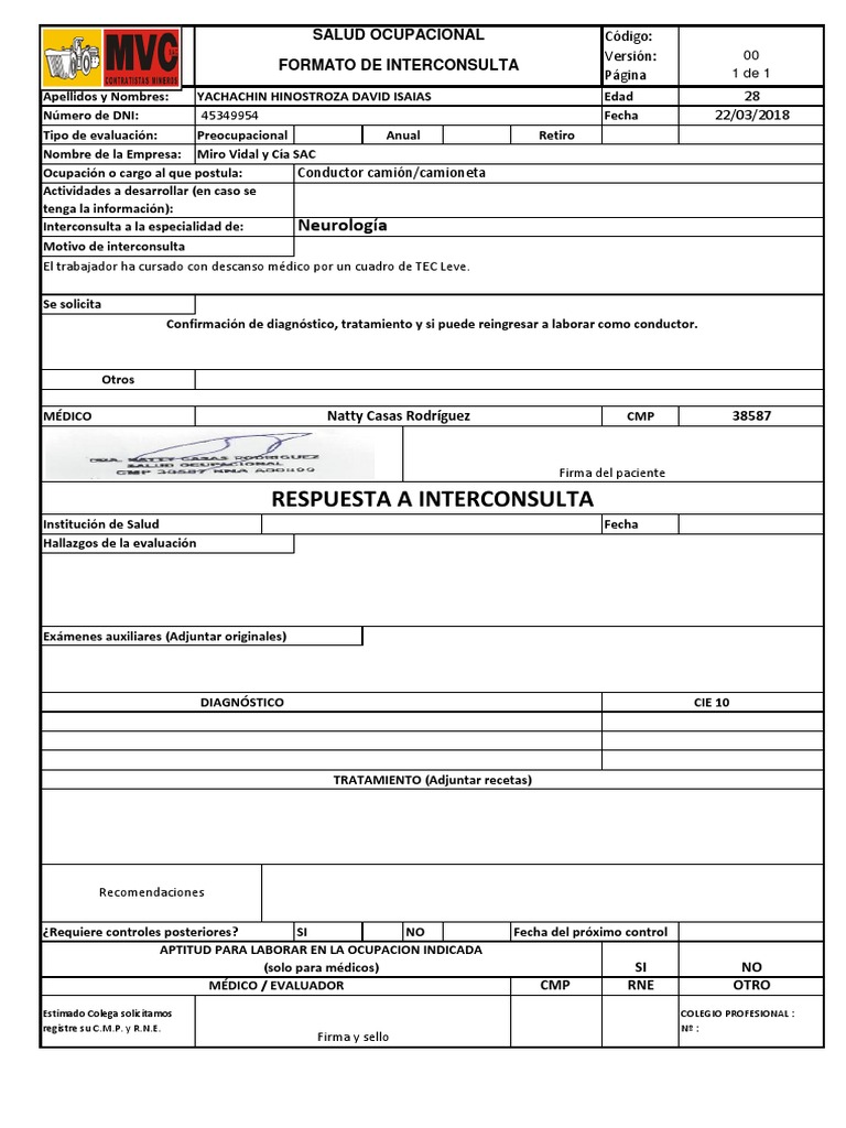 Formato de Interconsulta | PDF | Enfermedades y trastornos | Cuidado de ...
