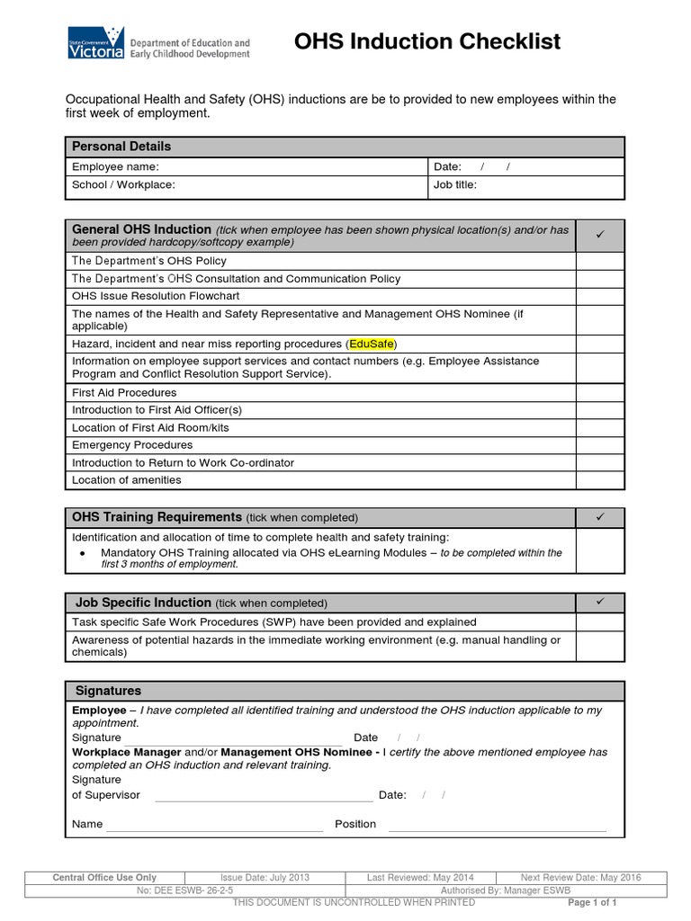 Occupational Health And Safety Checklist Download Our Free Returning