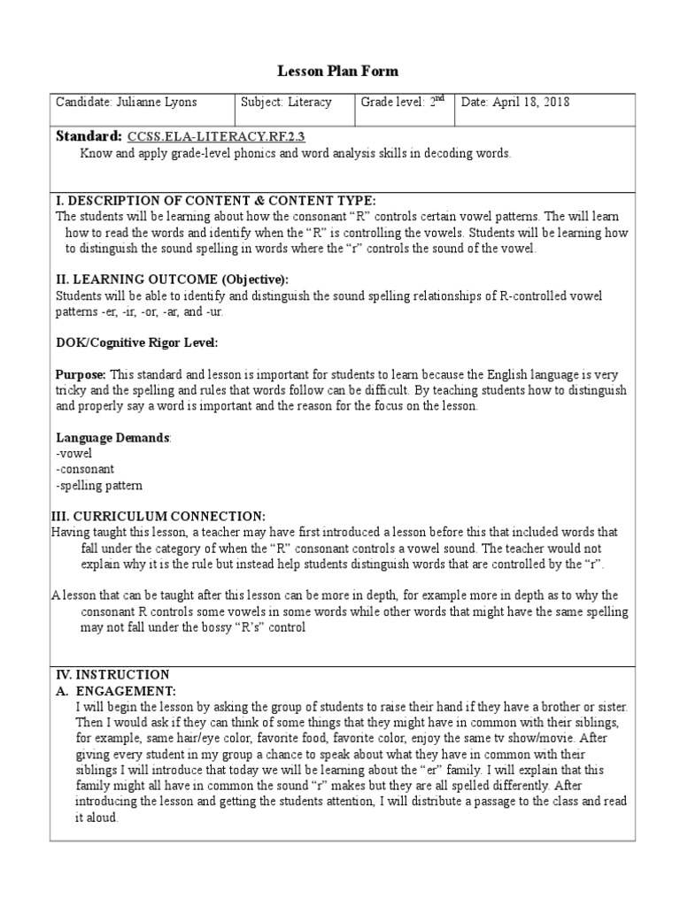 Lesson Plan Form: Ccss - Ela-Literacy - Rf.2.3 | PDF | Teachers ...