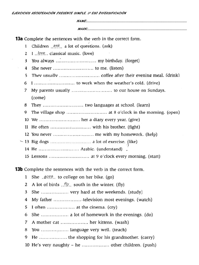 Ejercicios Presente Simple 3º ESO | PDF