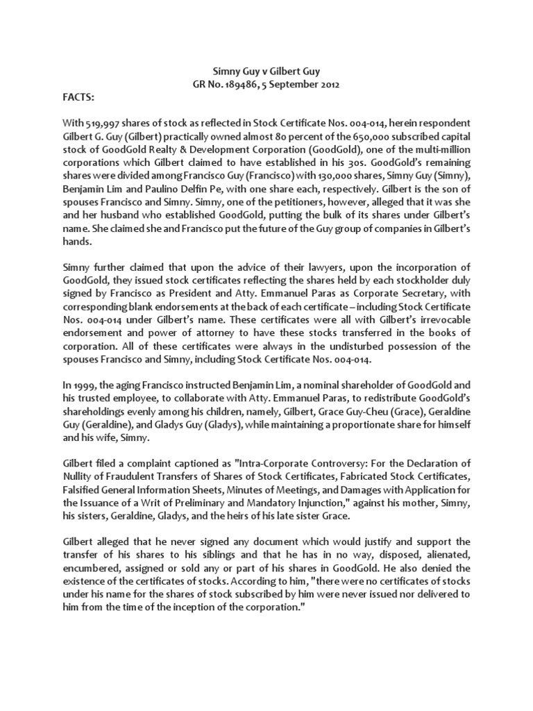 Simny Guy V Gilbert Guy Digest | PDF | Stocks | Corporations