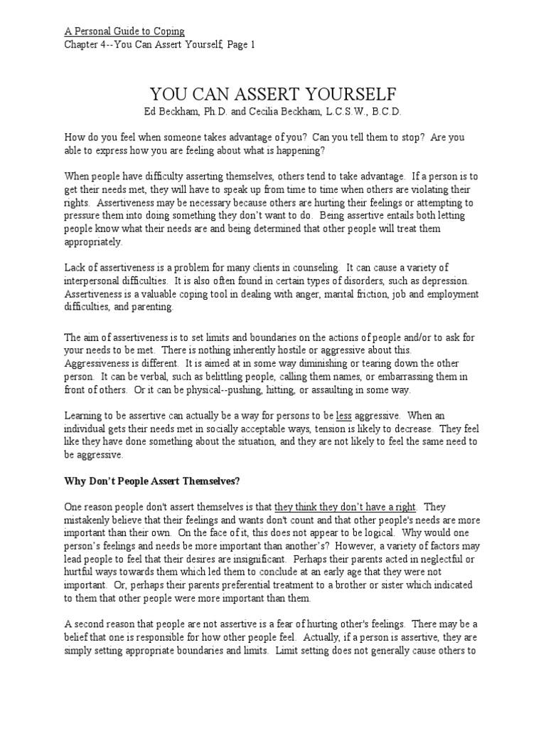 You Can Assert Yourself: Why Don't People Assert Themselves? | PDF | Coping (Psychology) | Anger