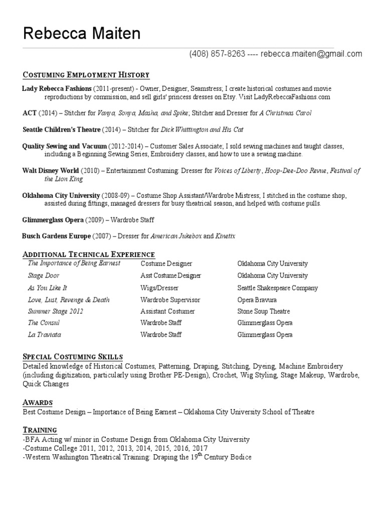 Costuming Resume - Rebecca Maiten | PDF | Costume | Sewing