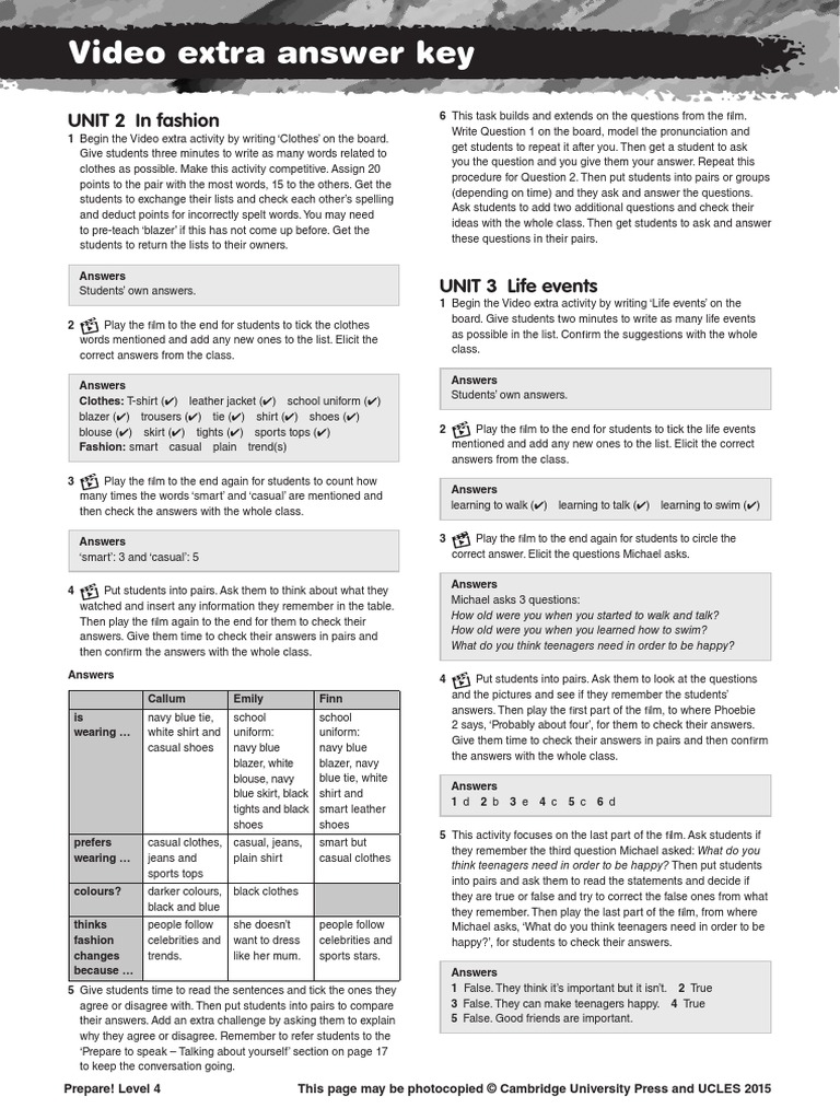 Prepare Level 4 Video Extra Worksheets Keys T Notes | PDF | Luck | Question