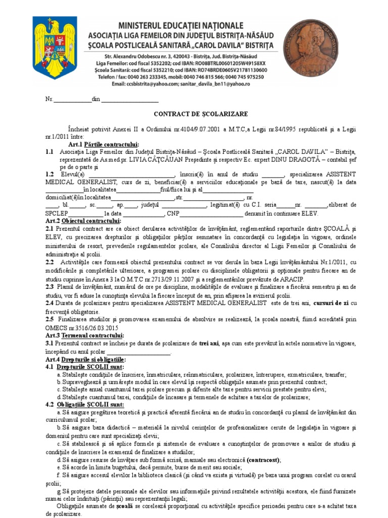 Contract Scolarizare 2016-2017 Carol Davila | PDF