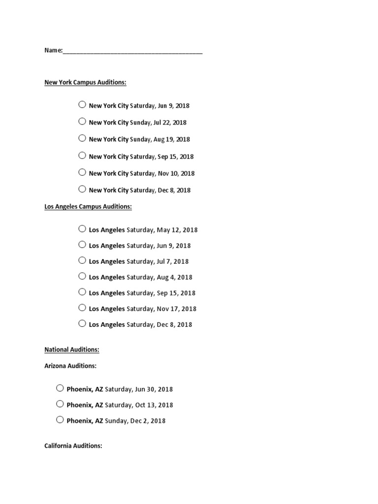 2018 Global Audition Schedule | PDF | Florida | California
