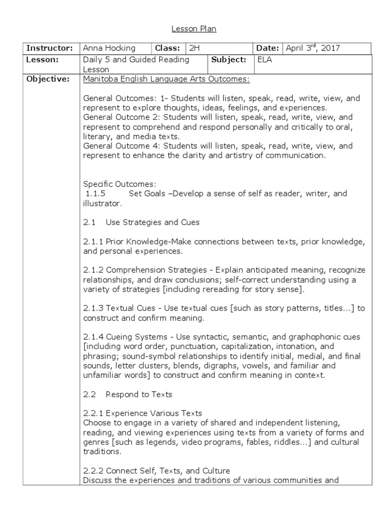 2h Guided Reading Daily 5 Plan | PDF | Reading Comprehension | Reading ...